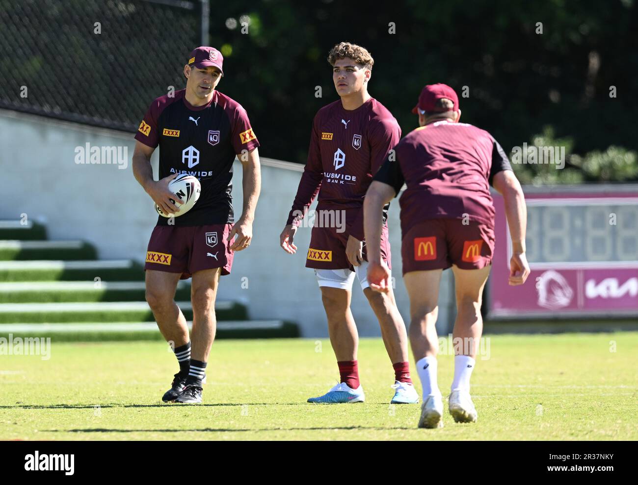 Maroons coach Billy Slater (left) and Reece Walsh (centre) are seen ...