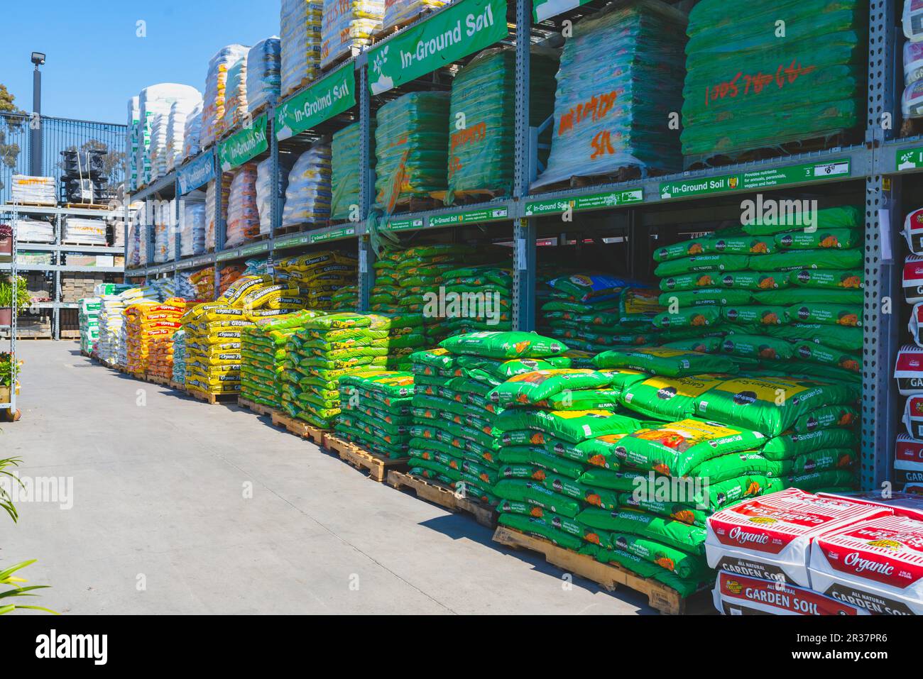 Santa Maria, California, USA - May 17, 2023. Mulch in plastic bags ...