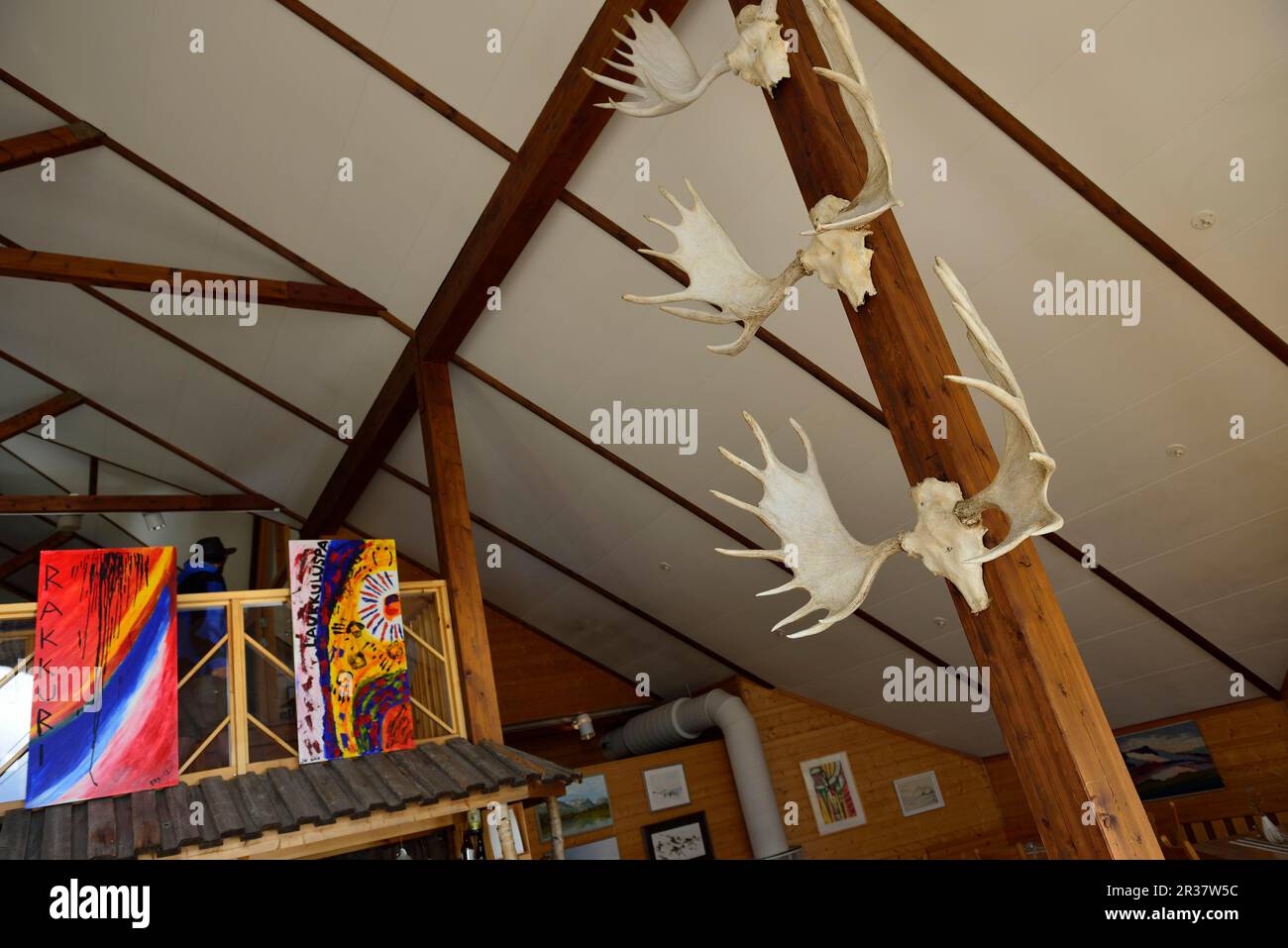 Elk antlers, restaurant inside, Nikkaluokta, Lapland, Sweden2 Stock ...