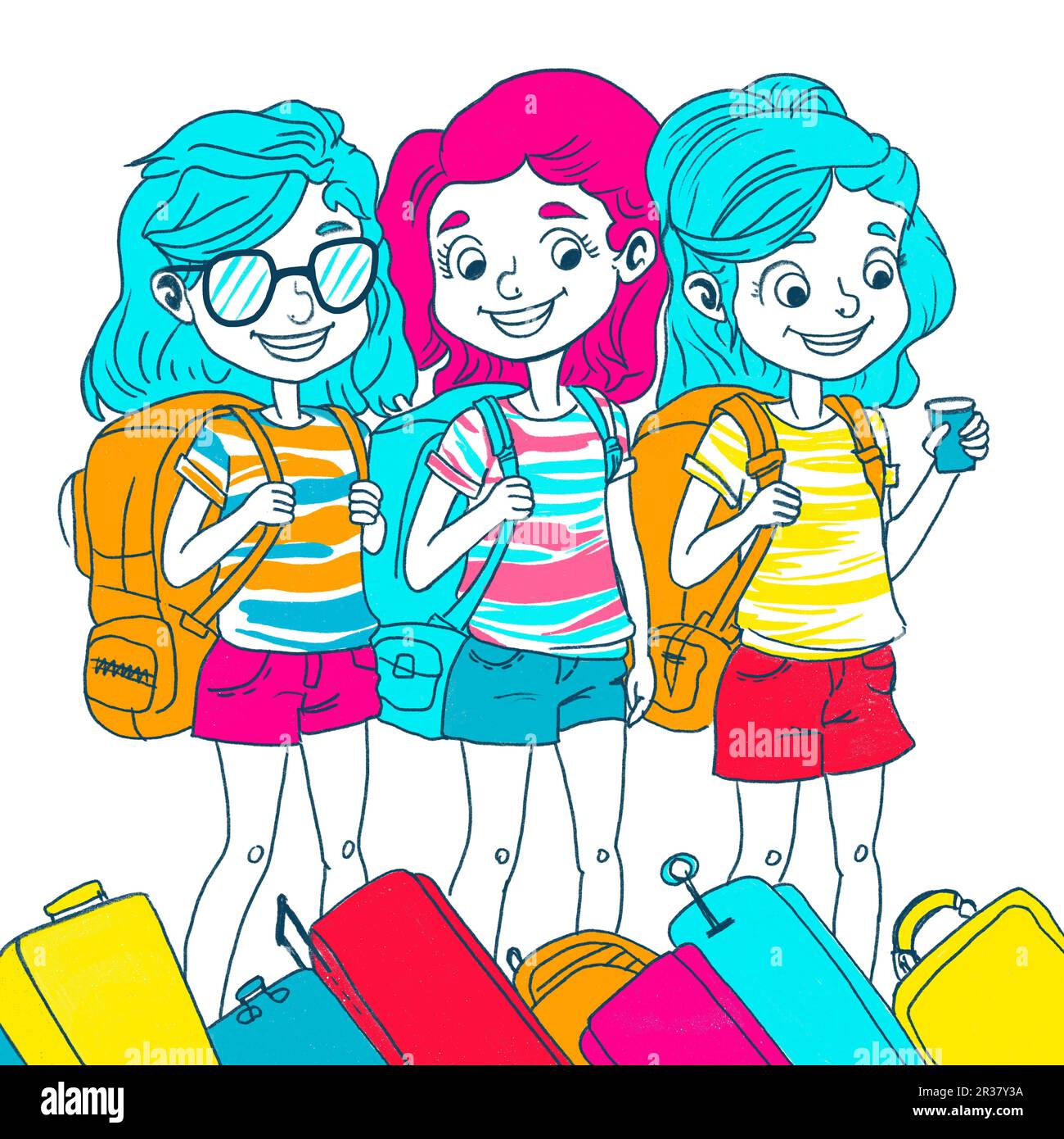 Three young travel girls with backpacks. Bright hand drawn poster ...