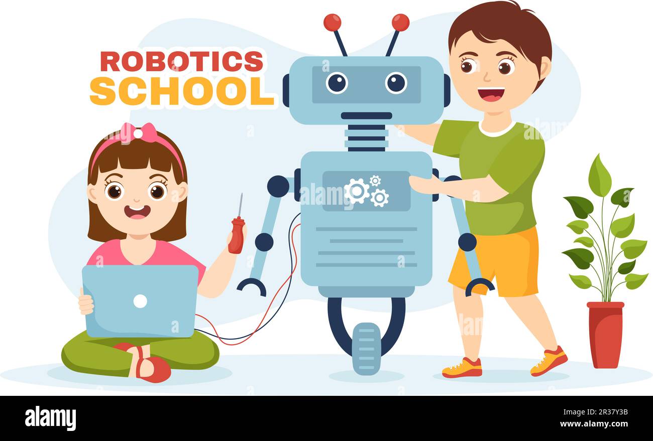 Robotics School Vector Illustration with Kids Robotic Project to ...