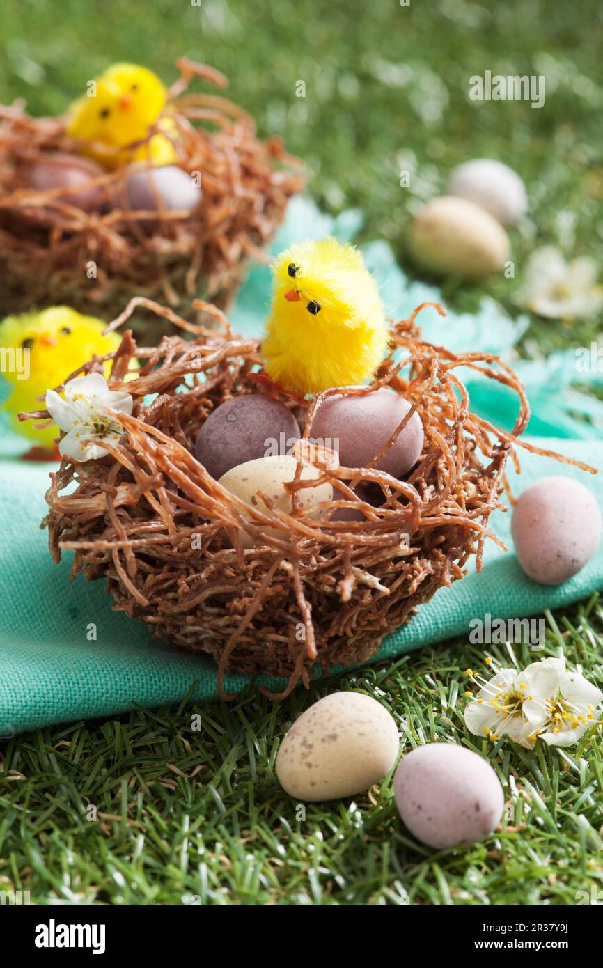 Easter nests with chocolate eggs and Easter chicks on grass Stock Photo ...