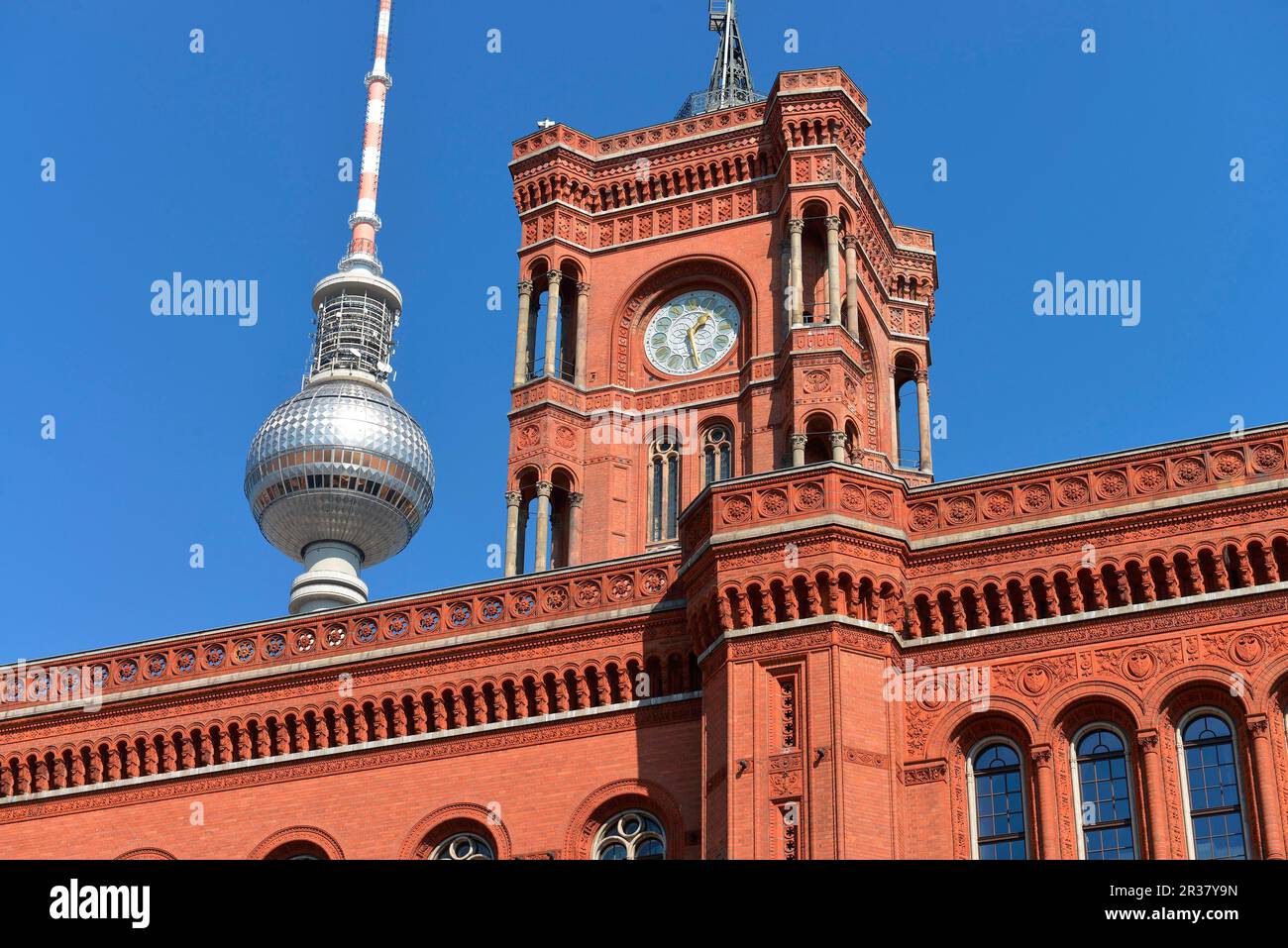 Red City Hall, TV Tower, Rathausstrasse, Mitte, Berlin, Germany Stock ...