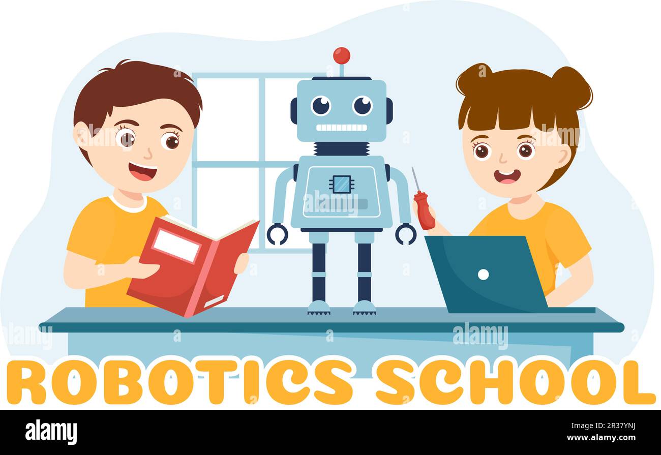 Robotics School Vector Illustration with Kids Robotic Project to Programming and Engineering ...