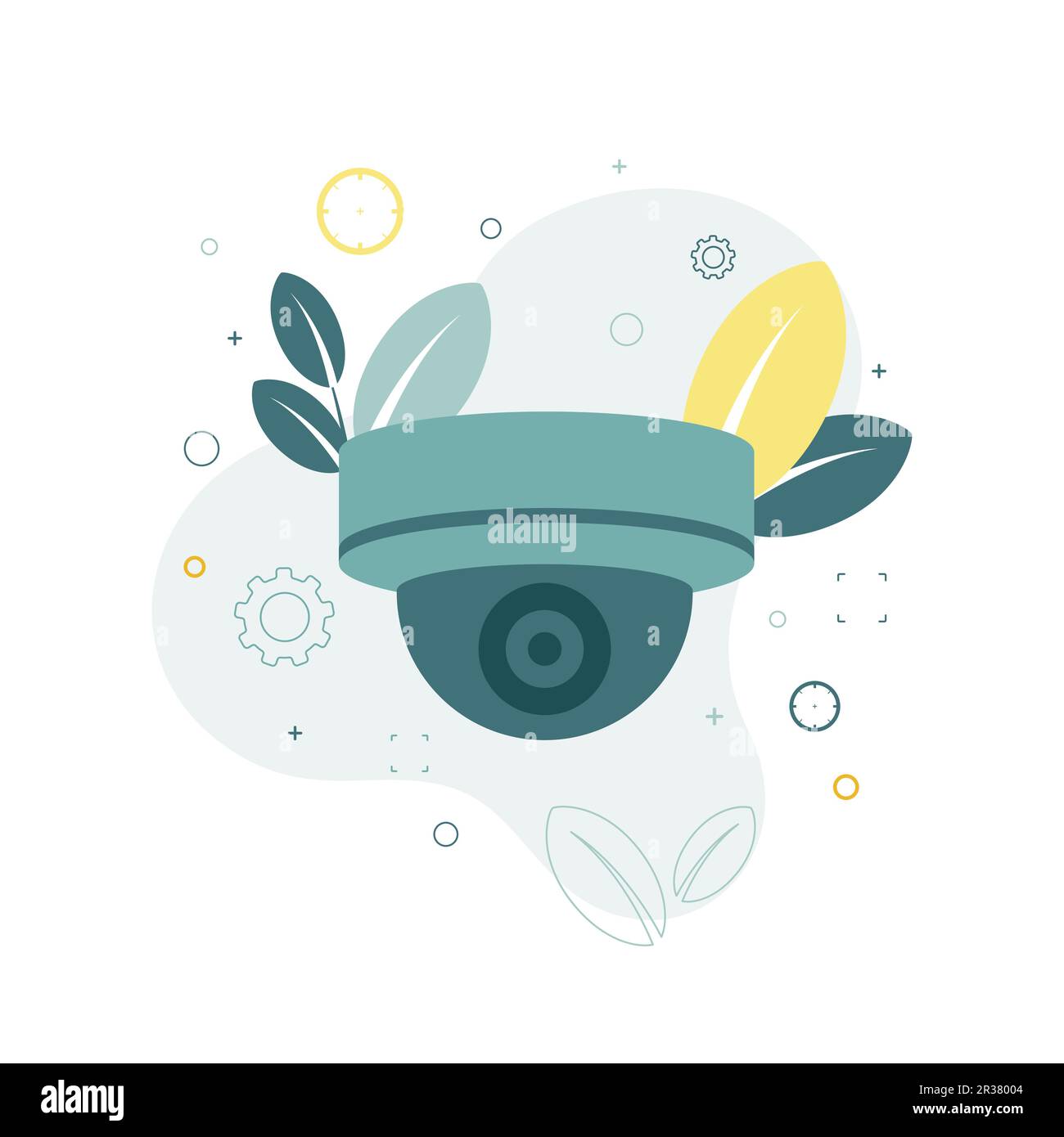 CCTV. Vector illustration of a cctv camera, on the background of leaves ...