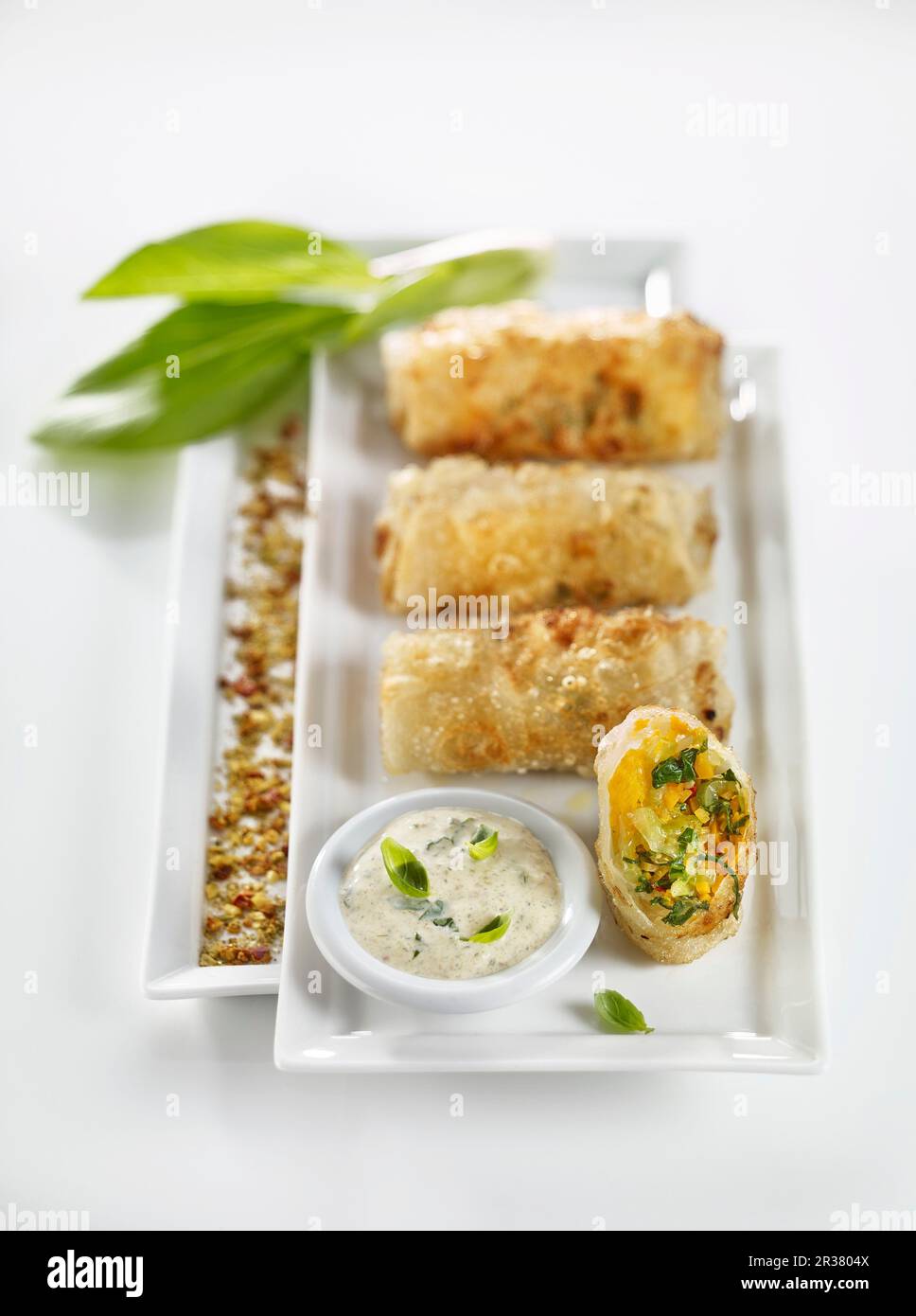 Spring rolls with pak choi and a Thai dip Stock Photo - Alamy