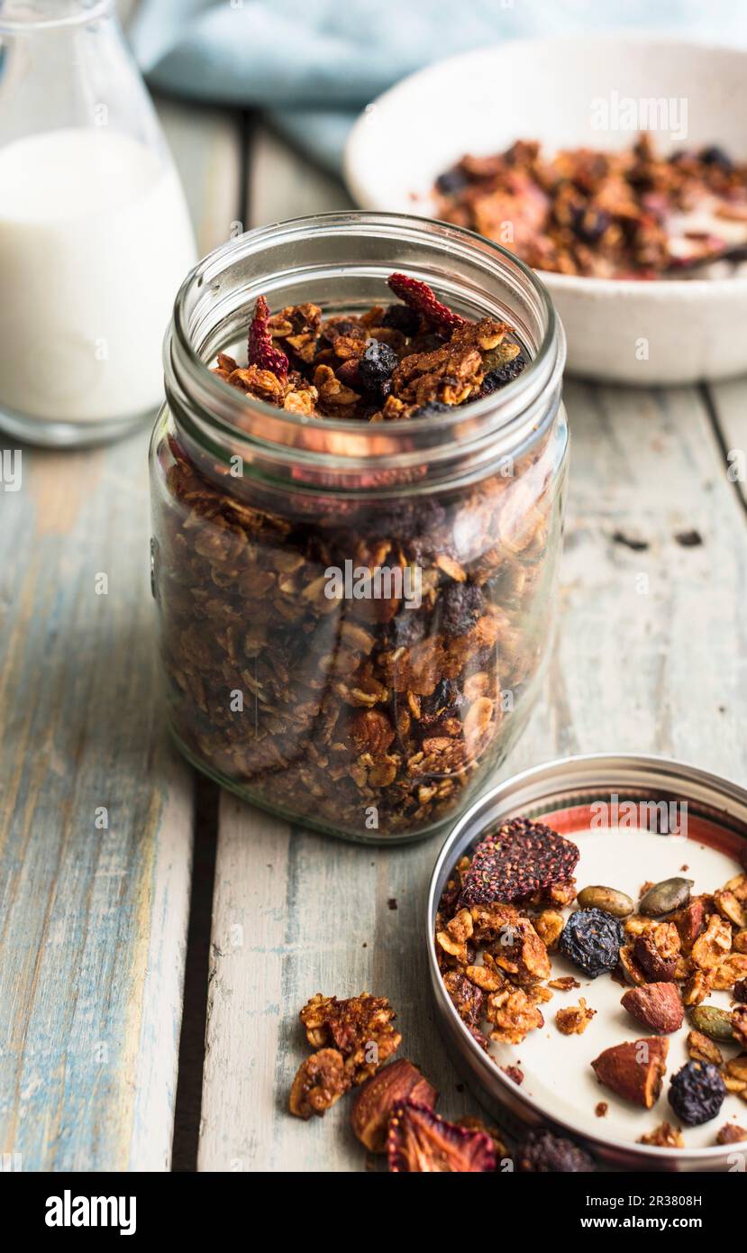Granola with cocoa beans and dried fruit Stock Photo - Alamy