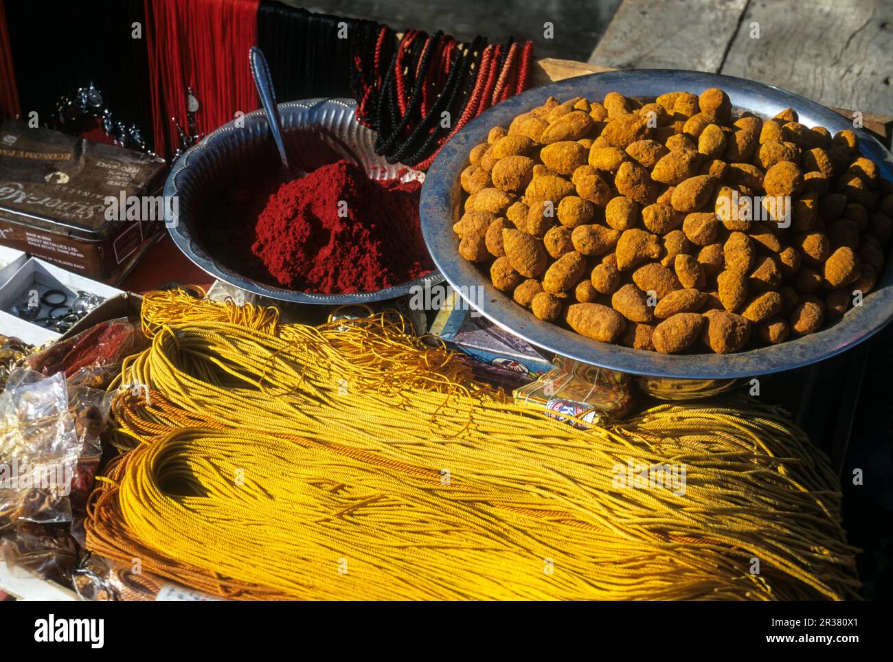 A Shop selling pooja items turmeric, Kumkum and sacred ropes in ...