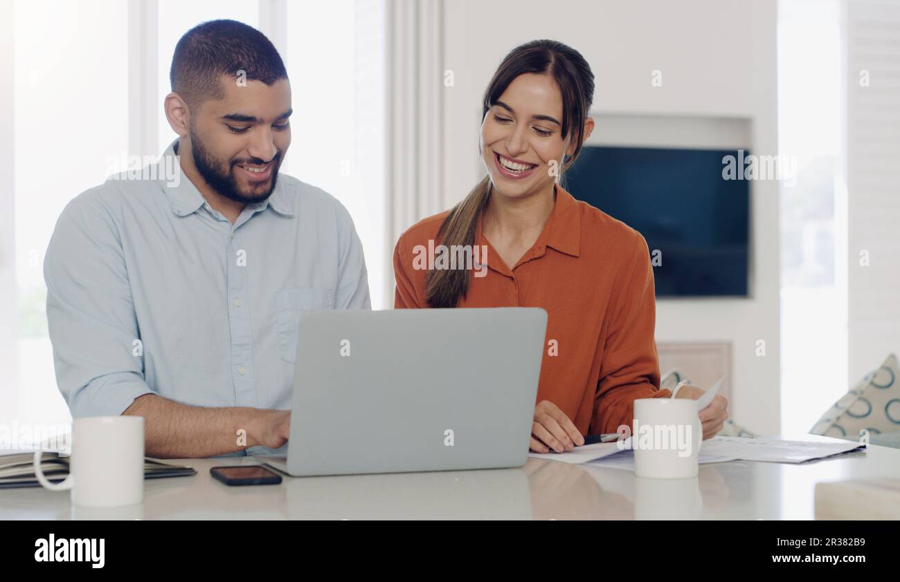 Laptop, finance and couple planning bills, debt or mortgage payments ...