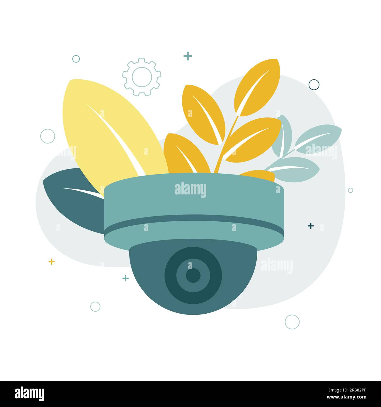 CCTV. Vector illustration of a cctv camera, on the background of leaves ...