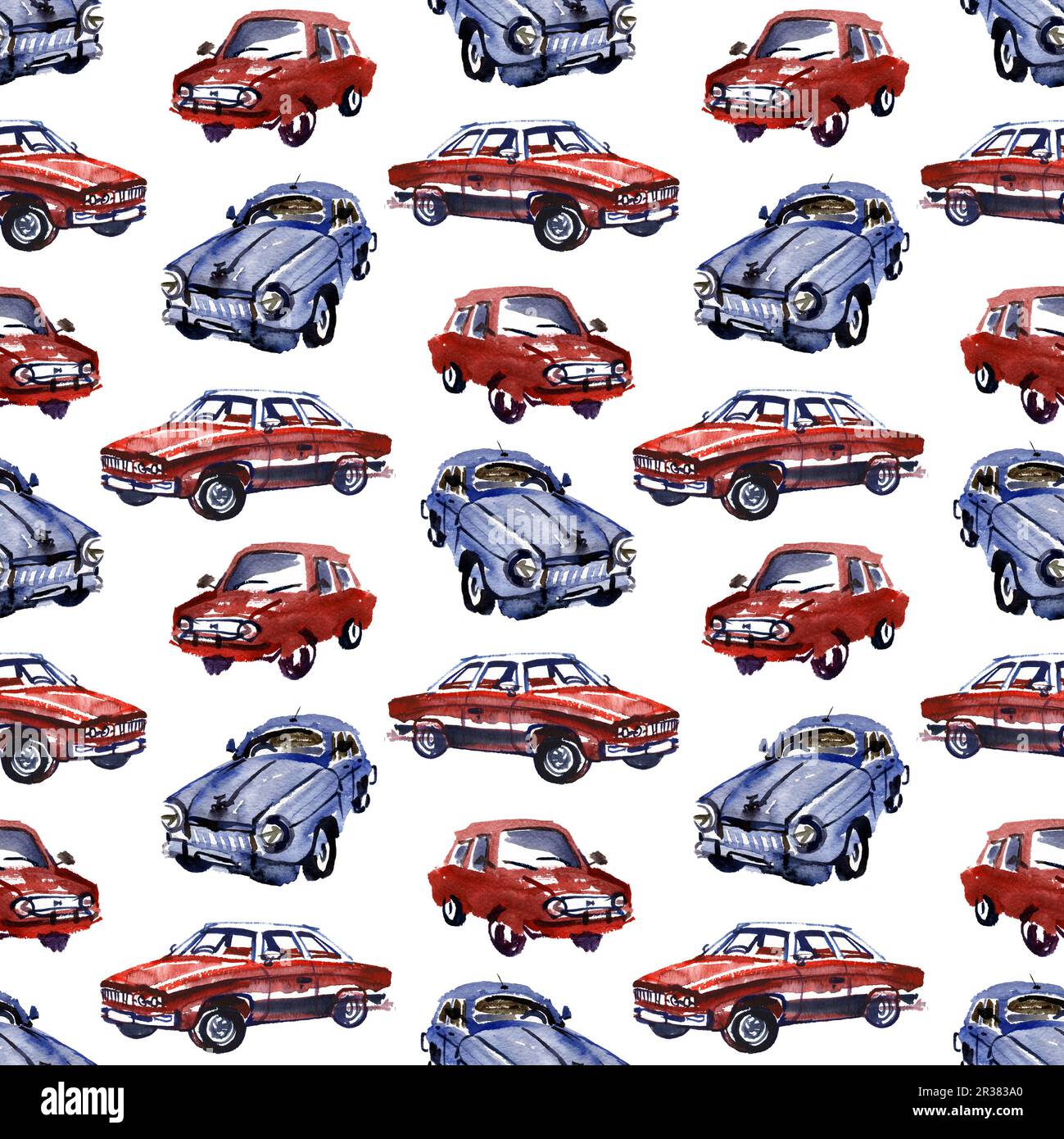 watercolor seamless pattern of different doodle cars on white ...