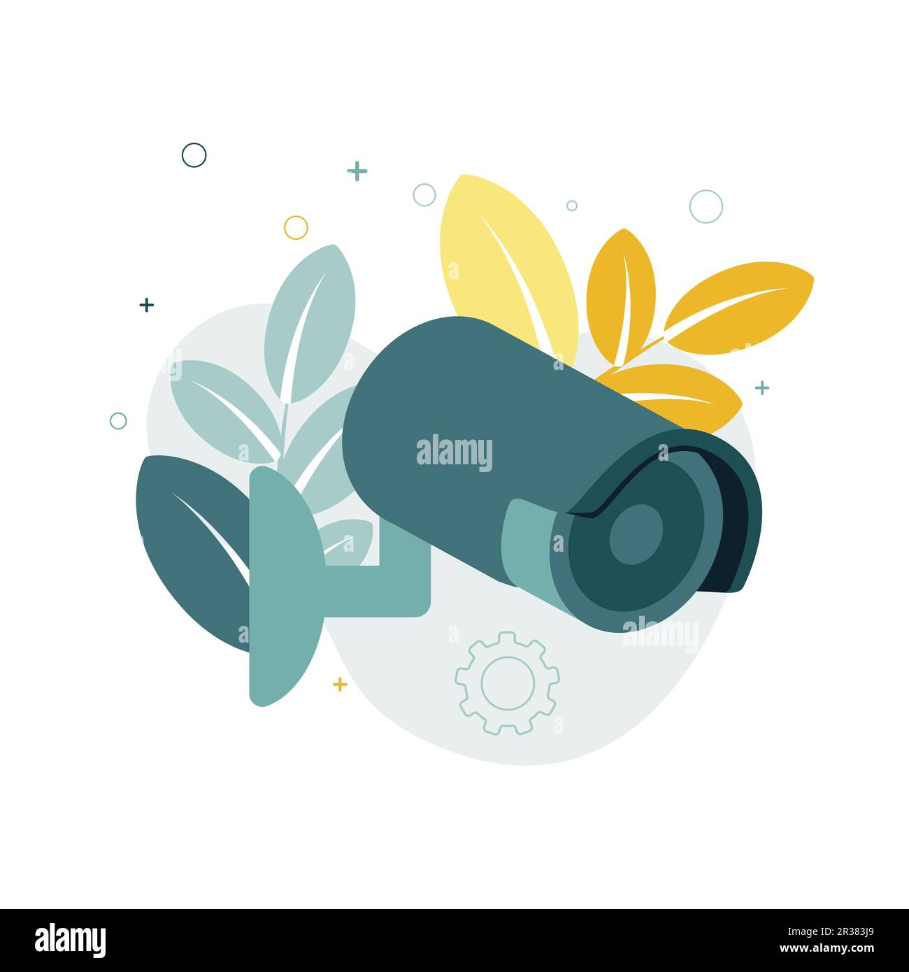 CCTV. Vector illustration of a cctv camera, on the background of leaves ...