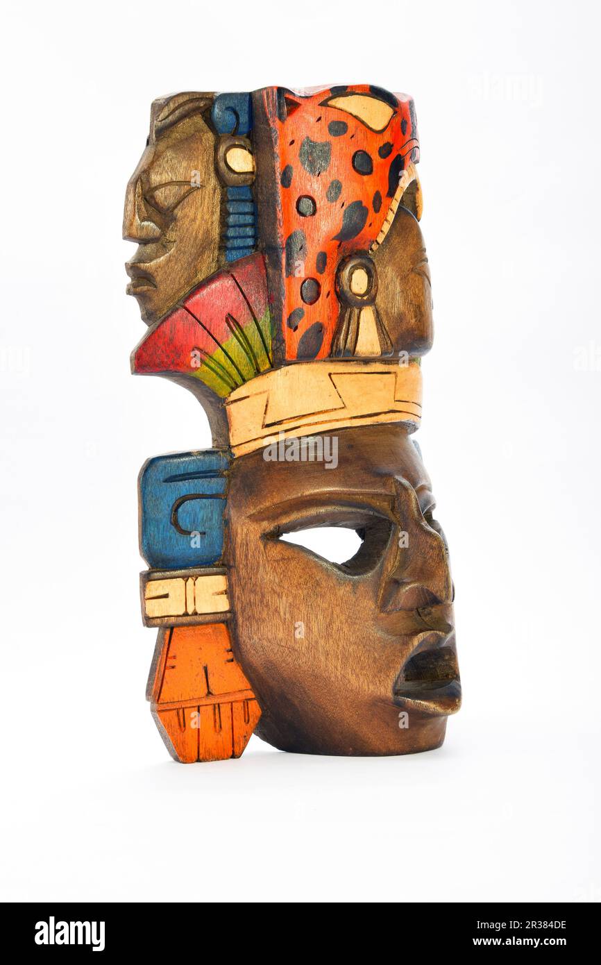 Indian Mayan Aztec wooden painted mask with roaring jaguar and human ...