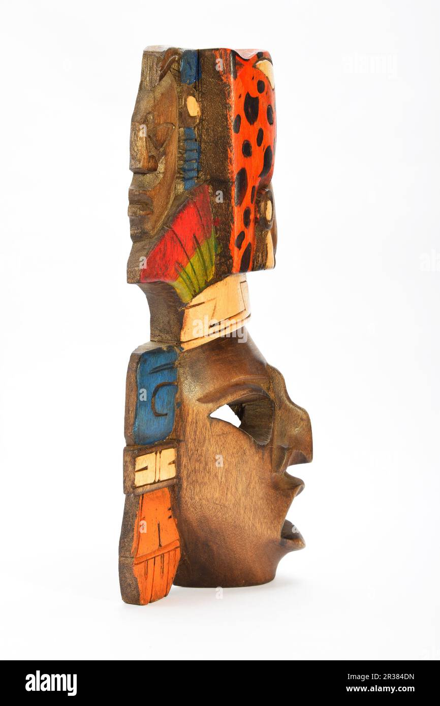 Indian Mayan Aztec wooden painted mask with roaring jaguar and human ...