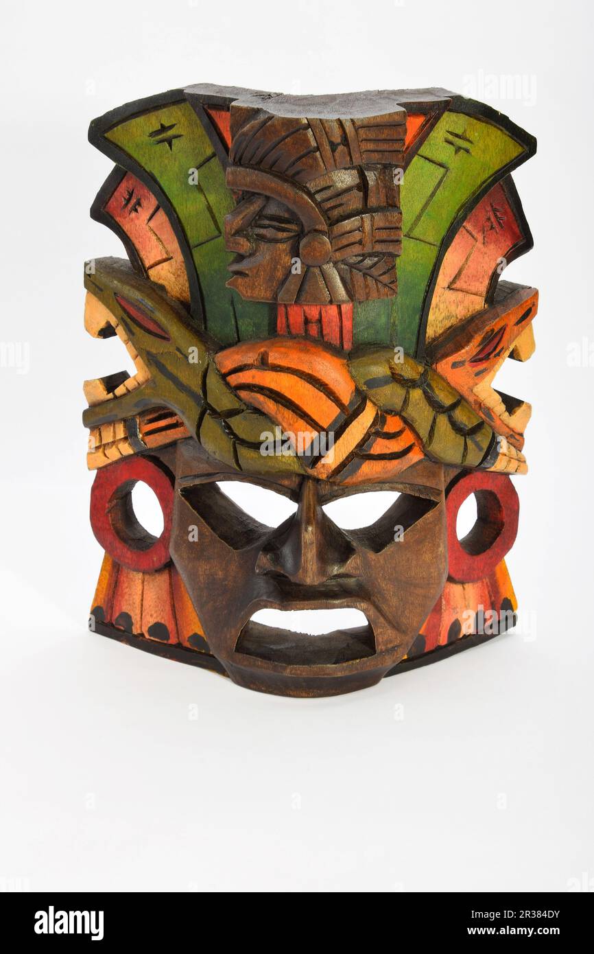 Indian Mayan Aztec wooden mask with anaconda and jaguar isolated on ...