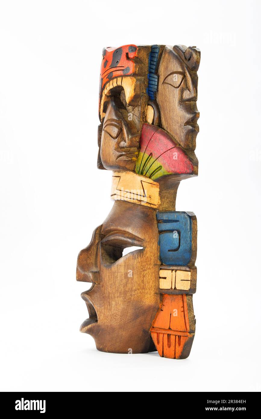 Indian Mayan Aztec wooden painted mask with roaring jaguar and human ...
