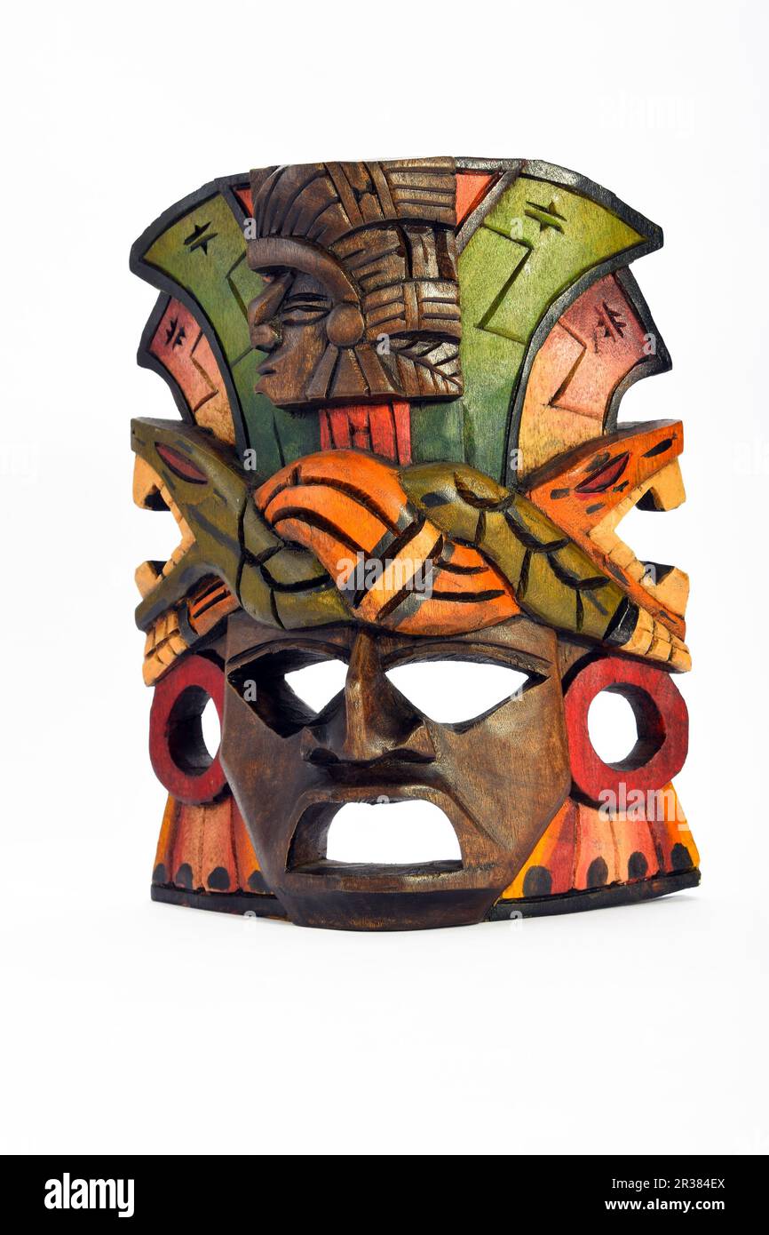 Indian Mayan Aztec wooden mask with anaconda and jaguar isolated on ...