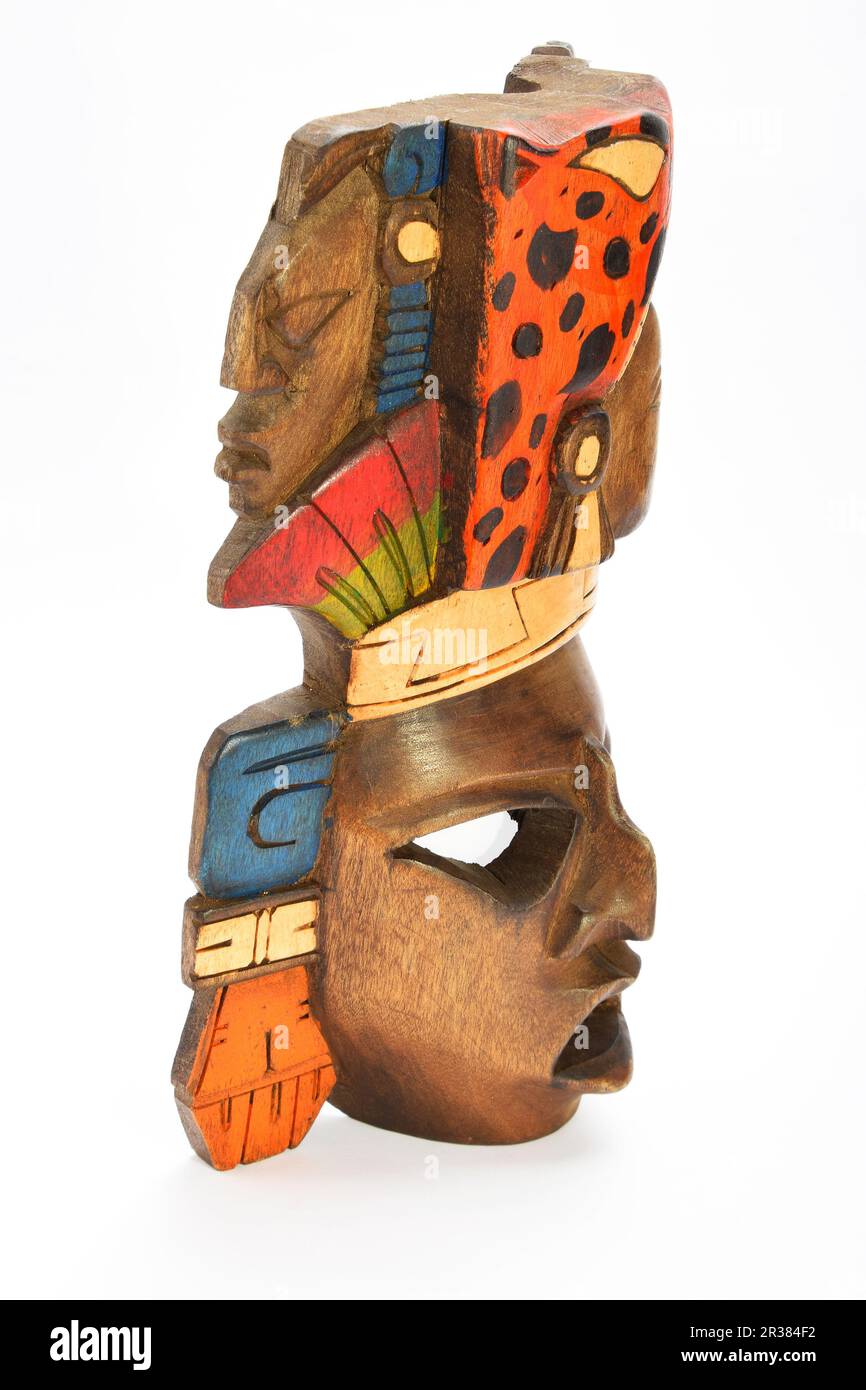 Indian Mayan Aztec wooden painted mask with roaring jaguar and human ...
