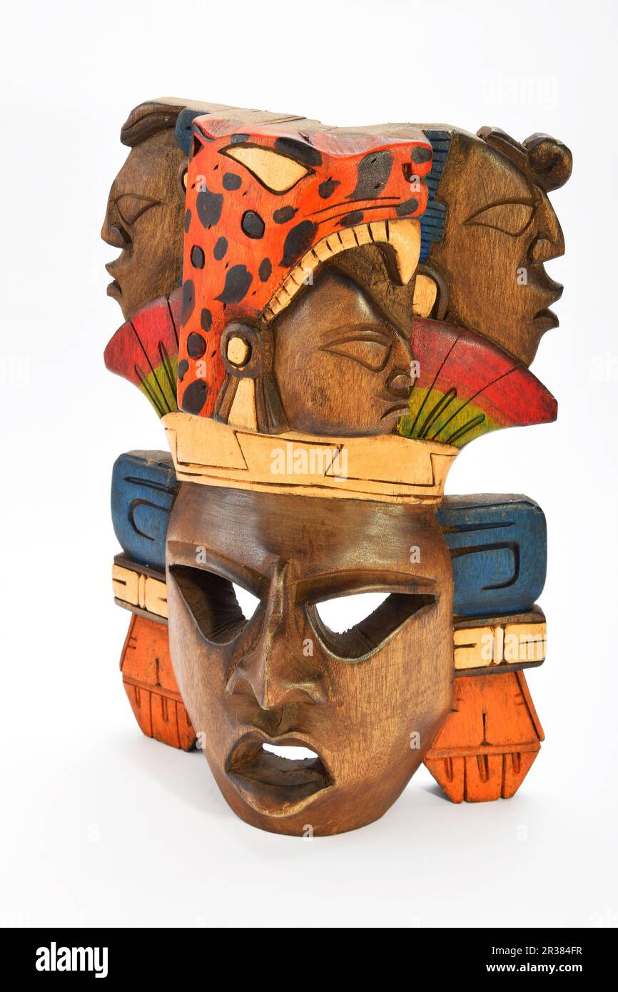 Indian Mayan Aztec wooden painted mask with roaring jaguar and human ...