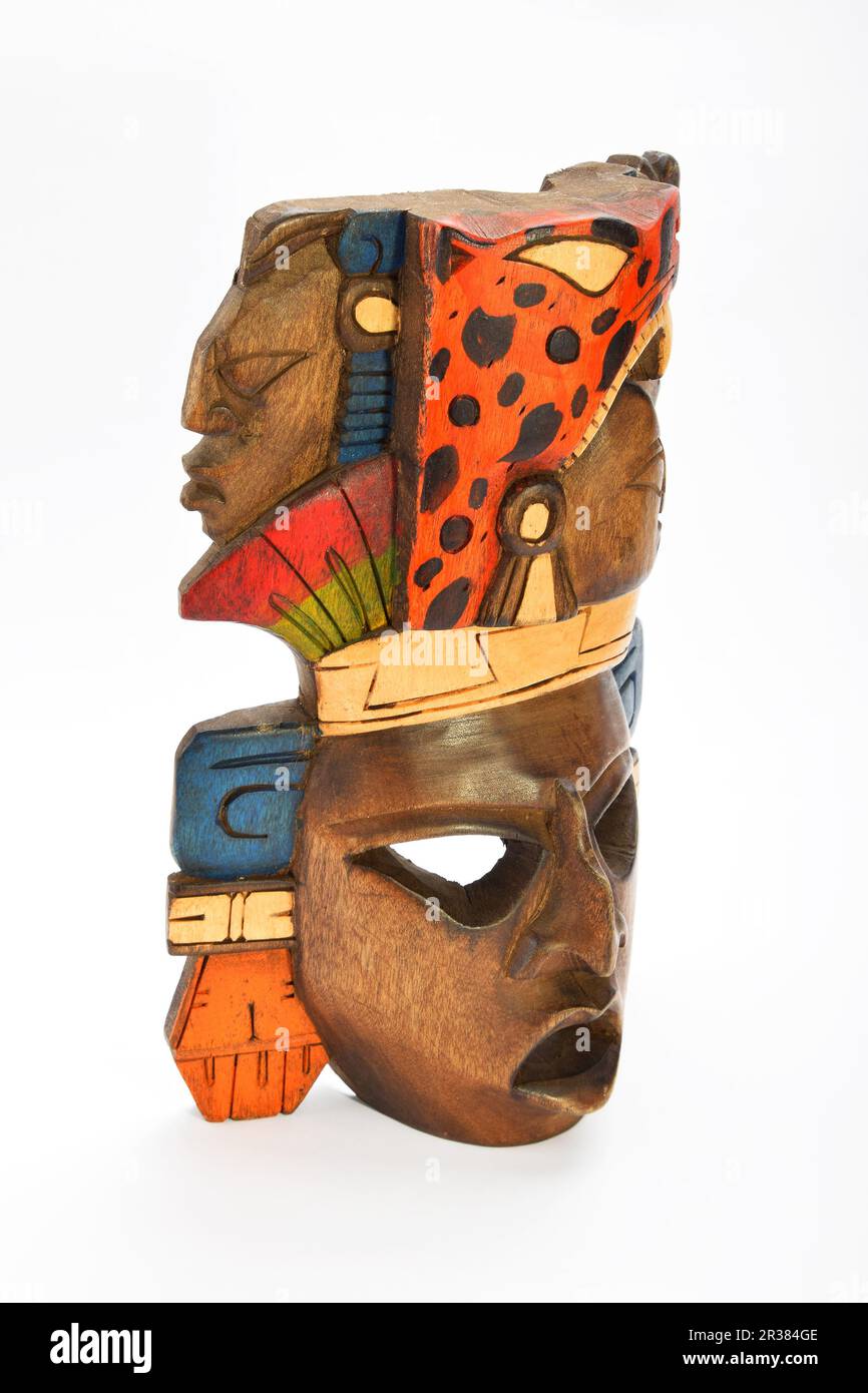 Indian Mayan Aztec wooden painted mask with roaring jaguar and human ...