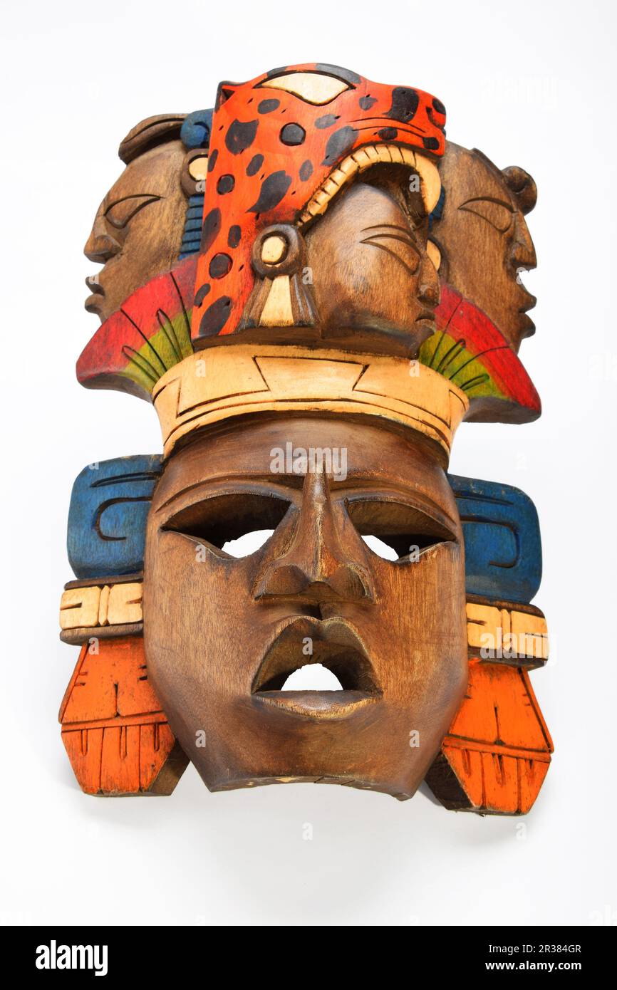 Indian Mayan Aztec wooden painted mask with roaring jaguar and human ...