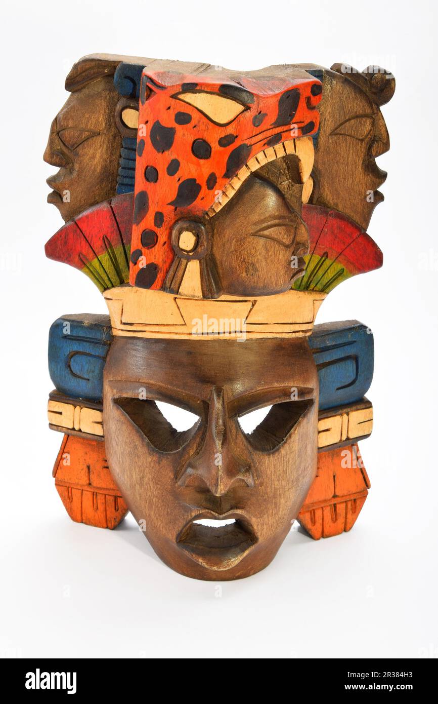 Indian Mayan Aztec wooden painted mask with roaring jaguar and human ...