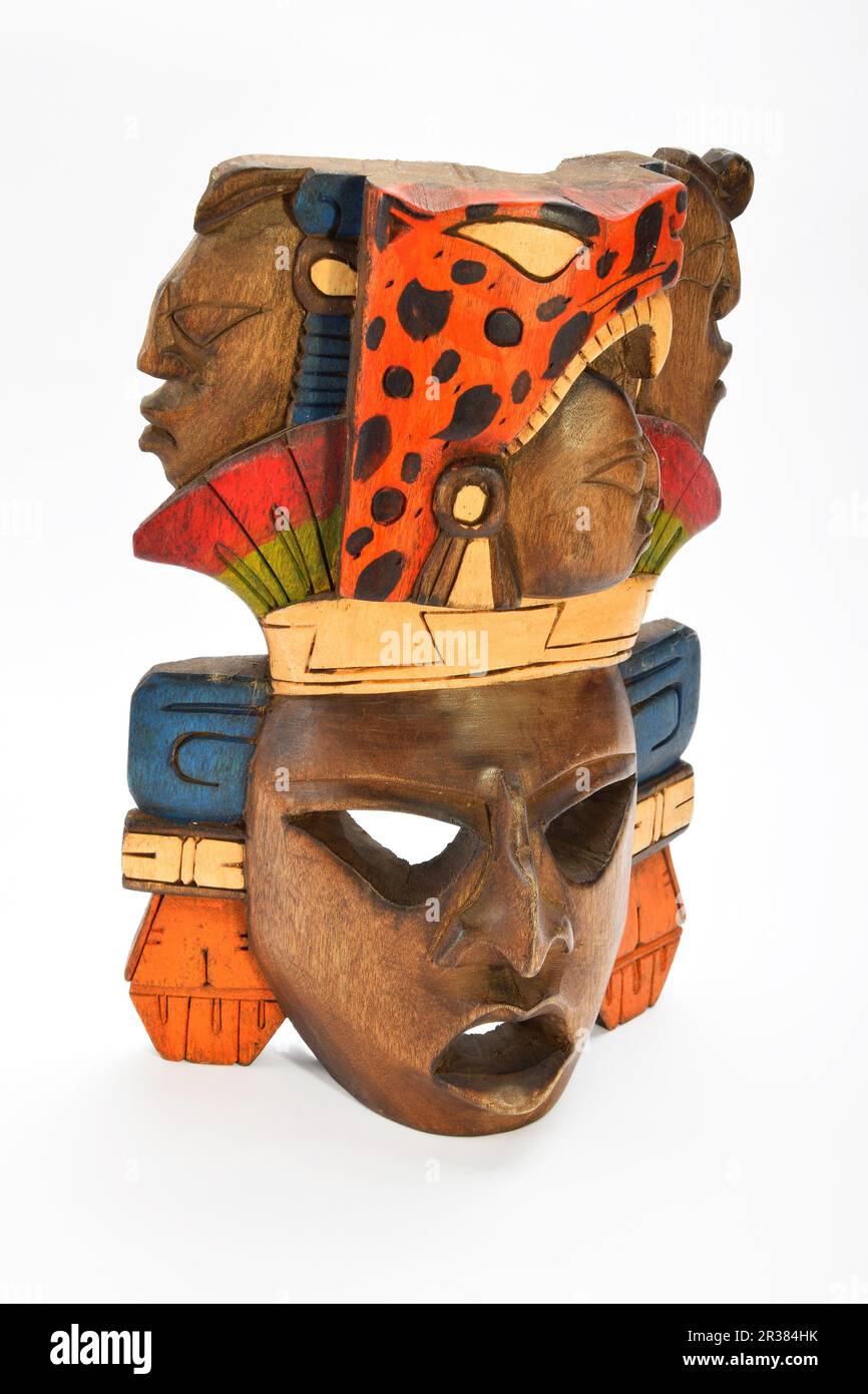 Indian Mayan Aztec wooden painted mask with roaring jaguar and human ...