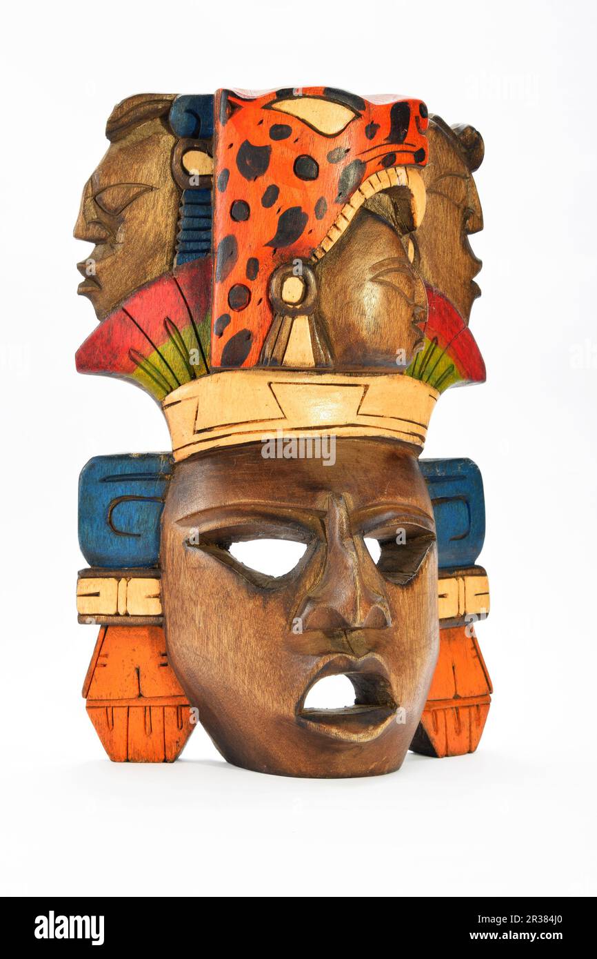 Indian Mayan Aztec wooden painted mask with roaring jaguar and human ...