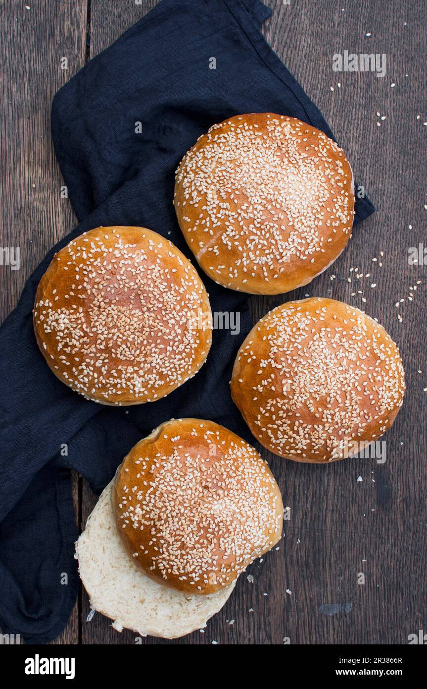 Homemade hamburger buns with sesame Stock Photo - Alamy