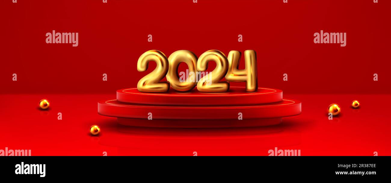 Golden 2024 numbers on red round podium. Vector realistic illustration ...