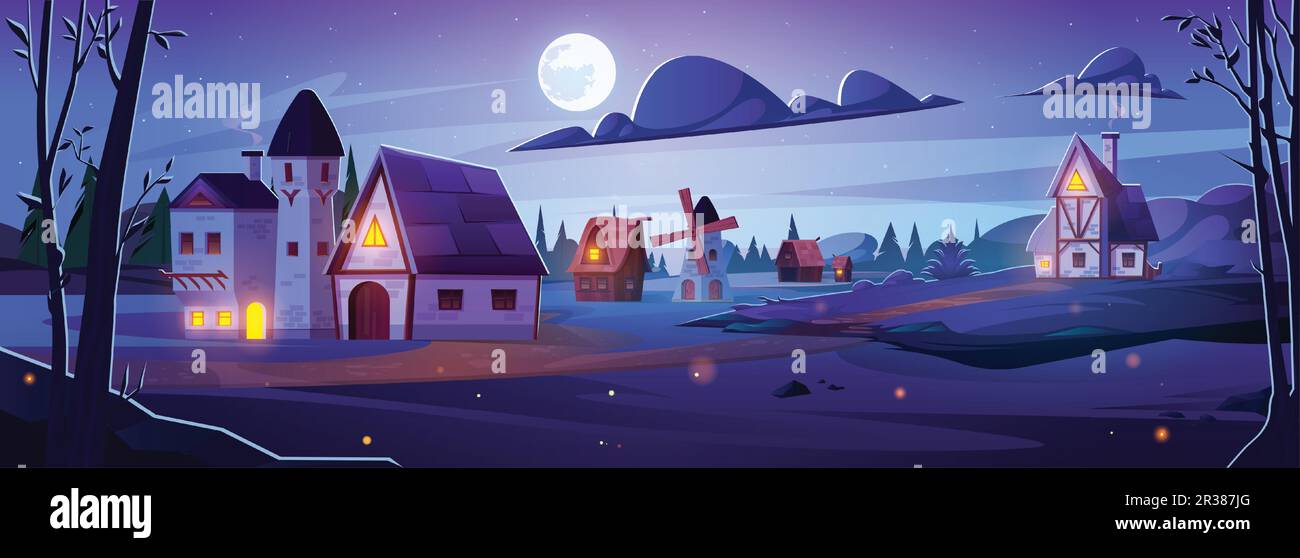 Countryside landscape with fields, village houses, trees and moon in ...