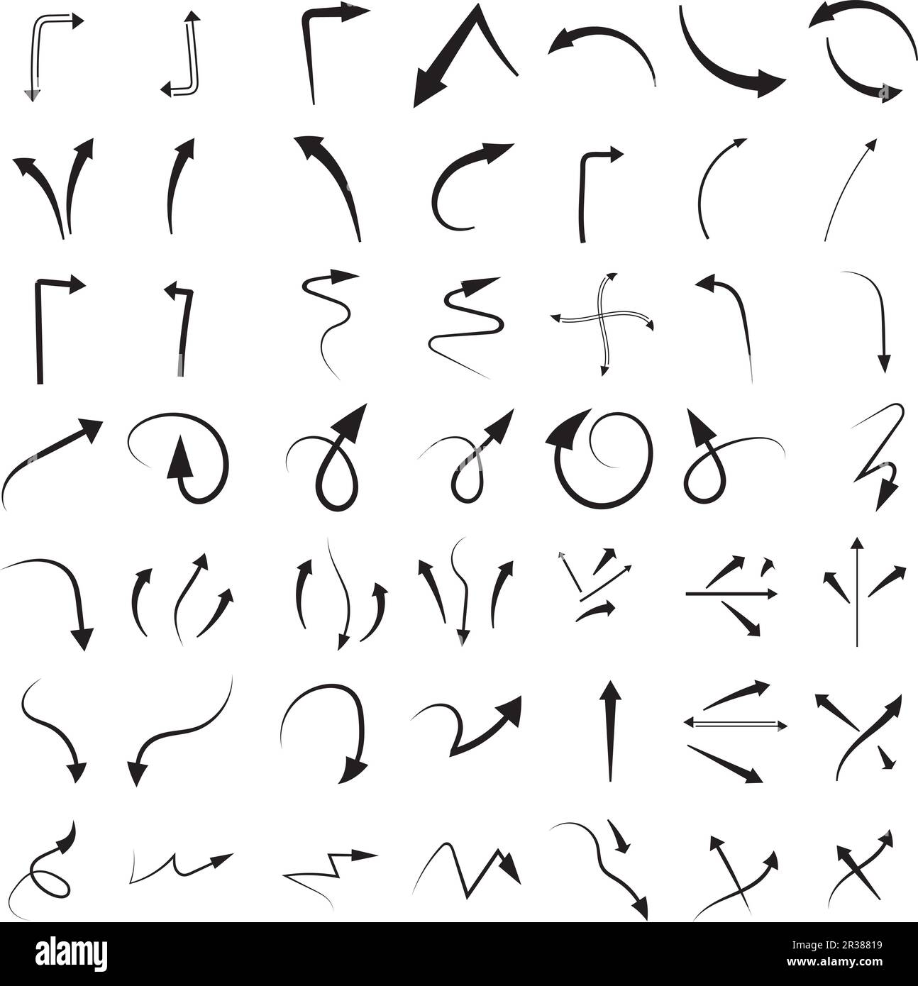 Arrow symbol set of doodle or sketch outline of circle, curve, swipe up, black line, flat arrow ...