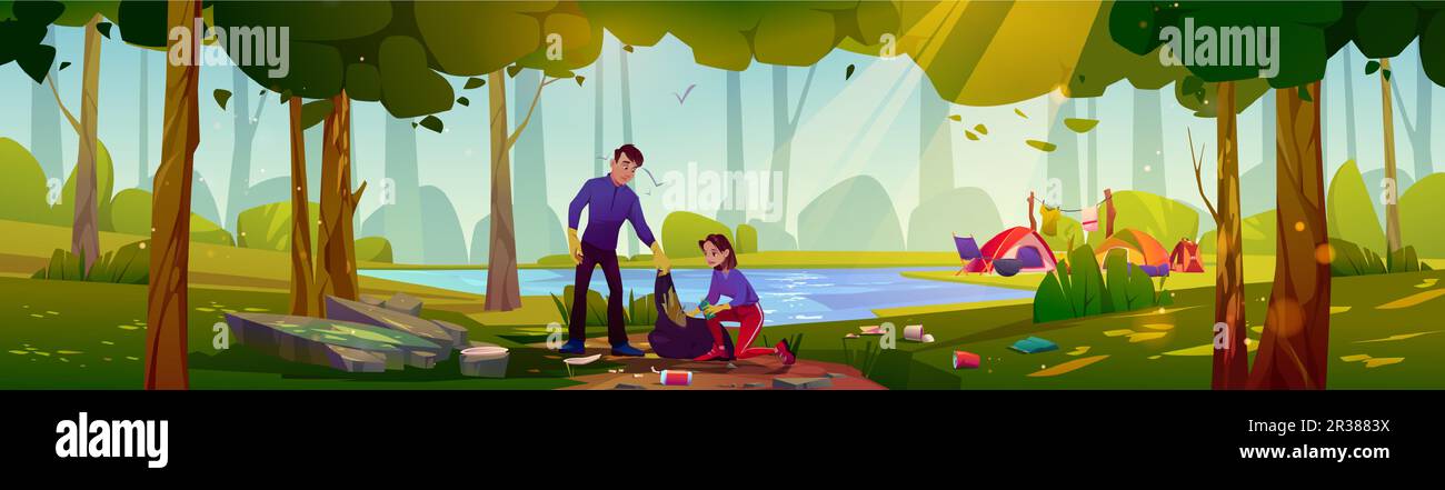 Volunteers collecting garbage in forest. Vector cartoon illustration of ...