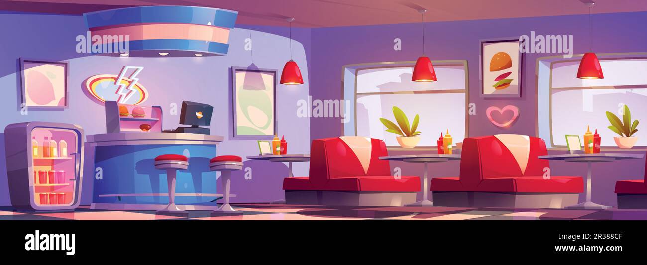 Fast food diner restaurant cartoon vector interior. Fastfood cafeteria ...
