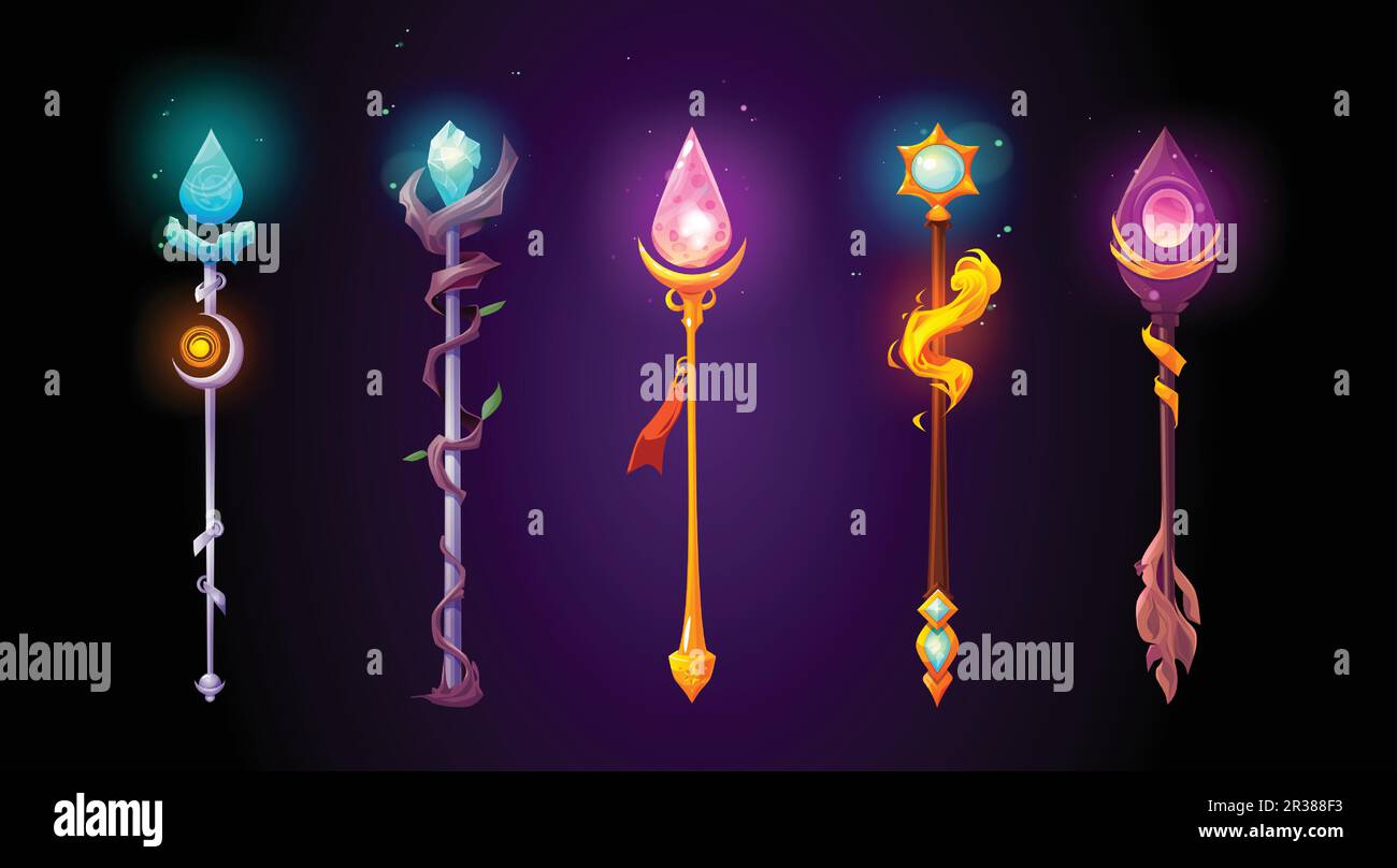 Magic wands, wizard staves, fantasy game weapon. Magician gold and ...