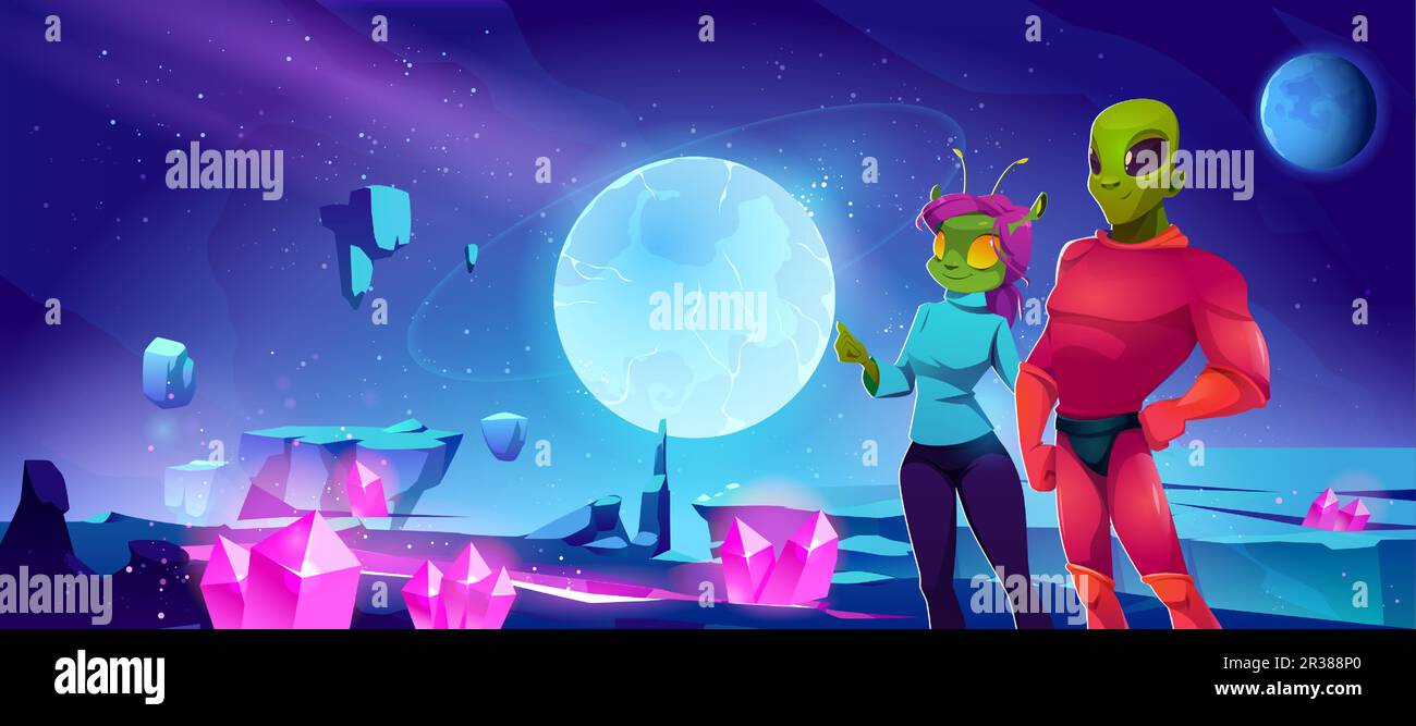 Alien couple in space on fantasy planet cartoon game landscape ...