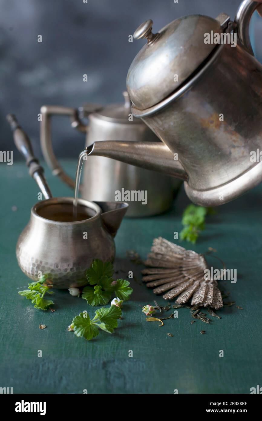 Making tea with a silver teapot Stock Photo - Alamy