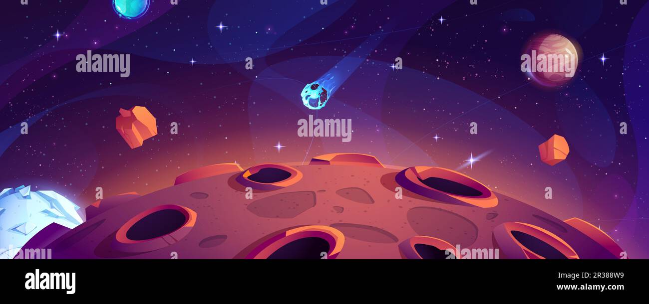 Galaxy background with planet, stars and meteor in outer space. Alien ...