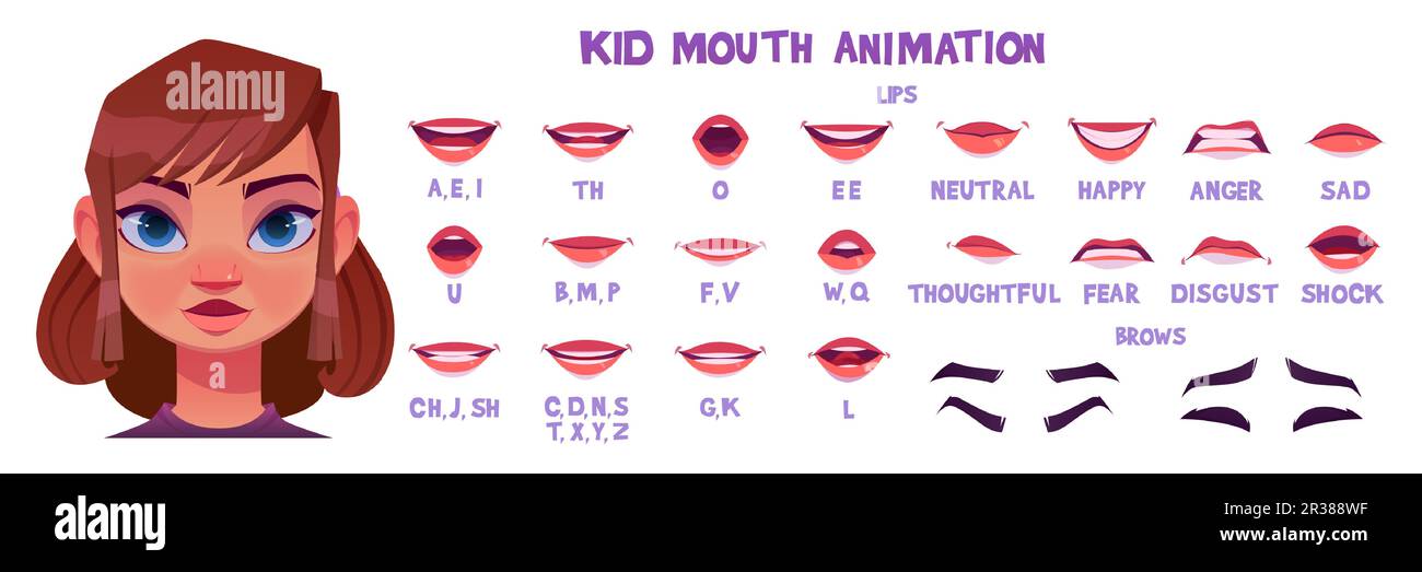 Caucasian teen girl mouth animation set isolated on white background ...