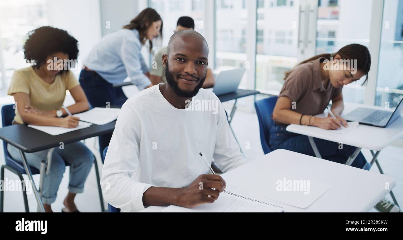 Black man, student portrait and university class with learning for ...