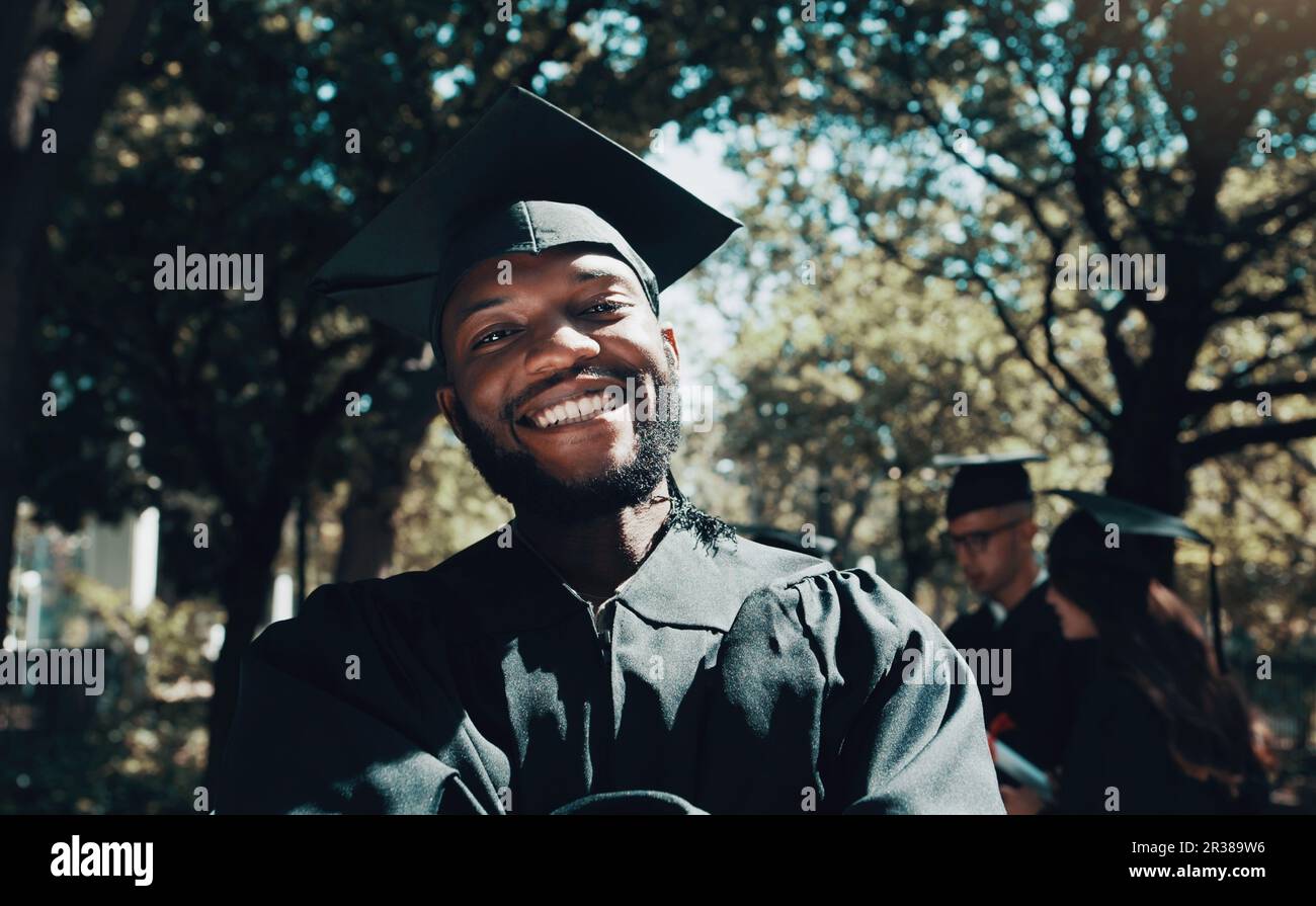 Graduation, portrait and smile of black man for achievement, education ...