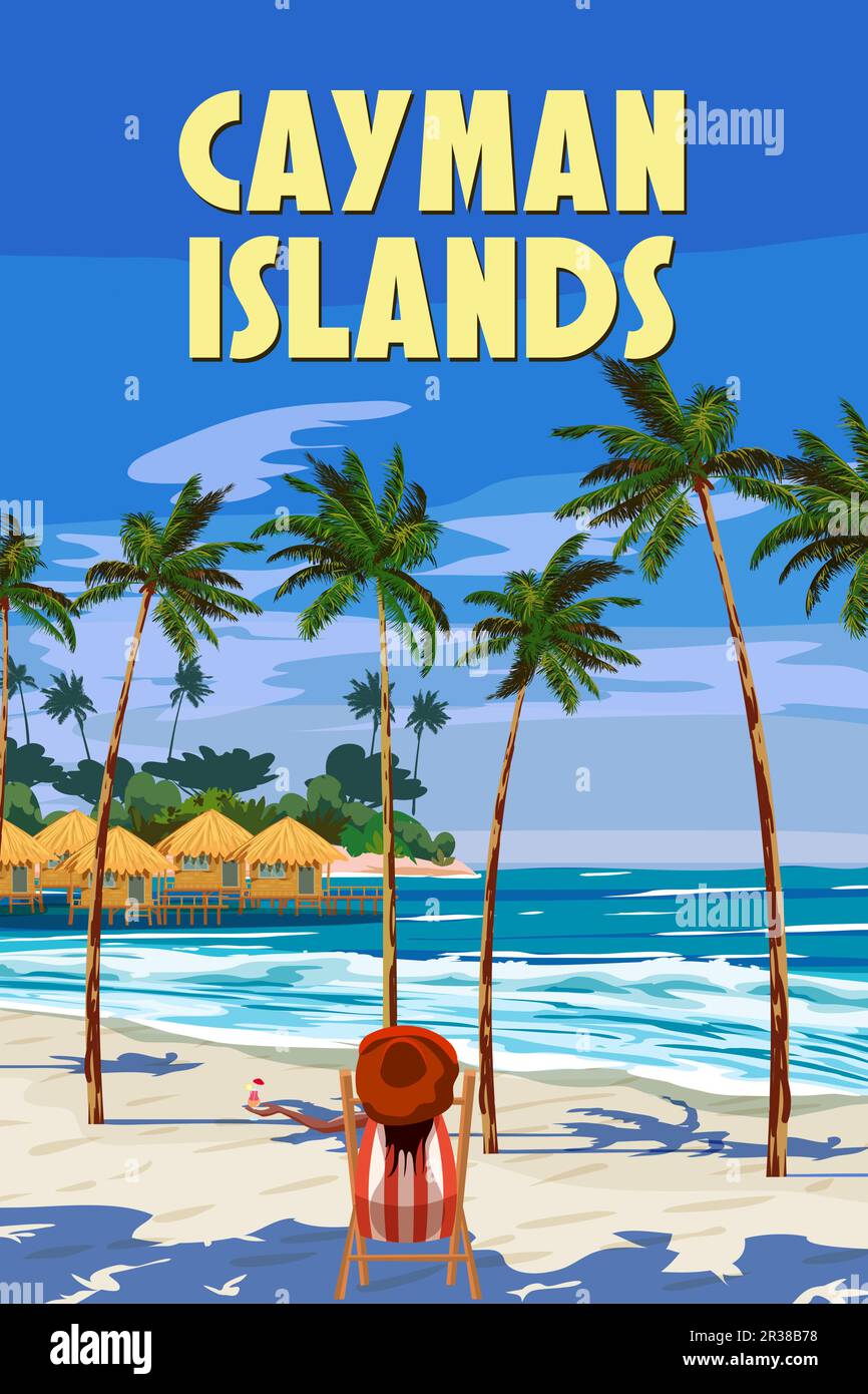 Caiman Islands vintage travel poster. Hawaii Tropical island Stock ...