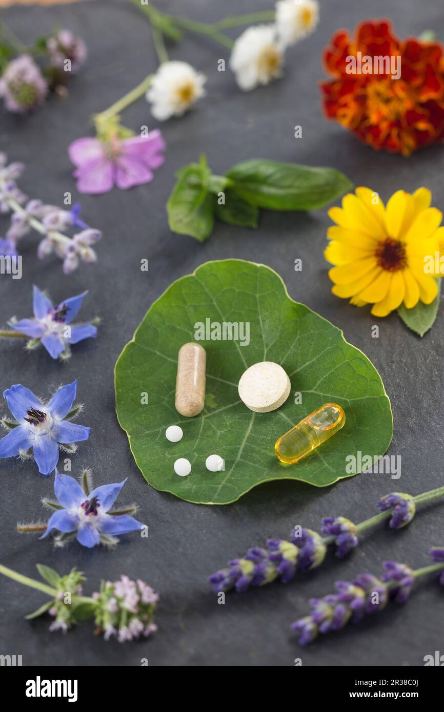 Various healing flowers, herbs and vitamin tablets Stock Photo - Alamy