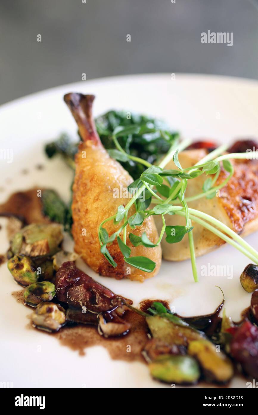 Roasted chicken with leeks, pistachios and cherries in a balsamic ...