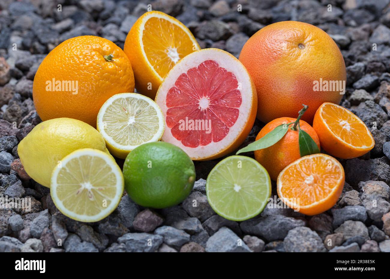 Various citrus fruits displayed on pebbles Stock Photo - Alamy