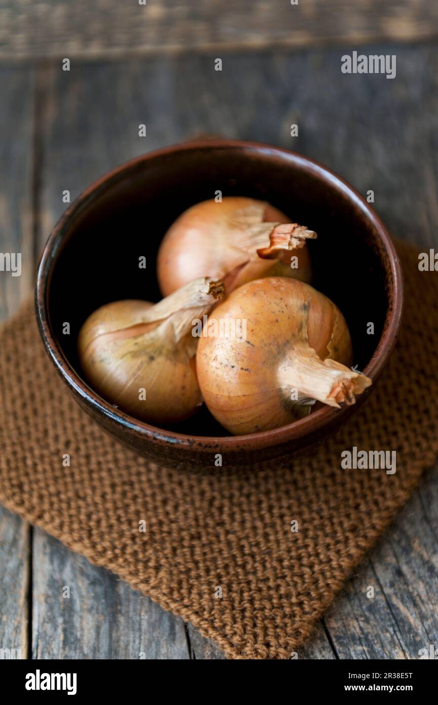 Three onions in a brown bowl Stock Photo - Alamy