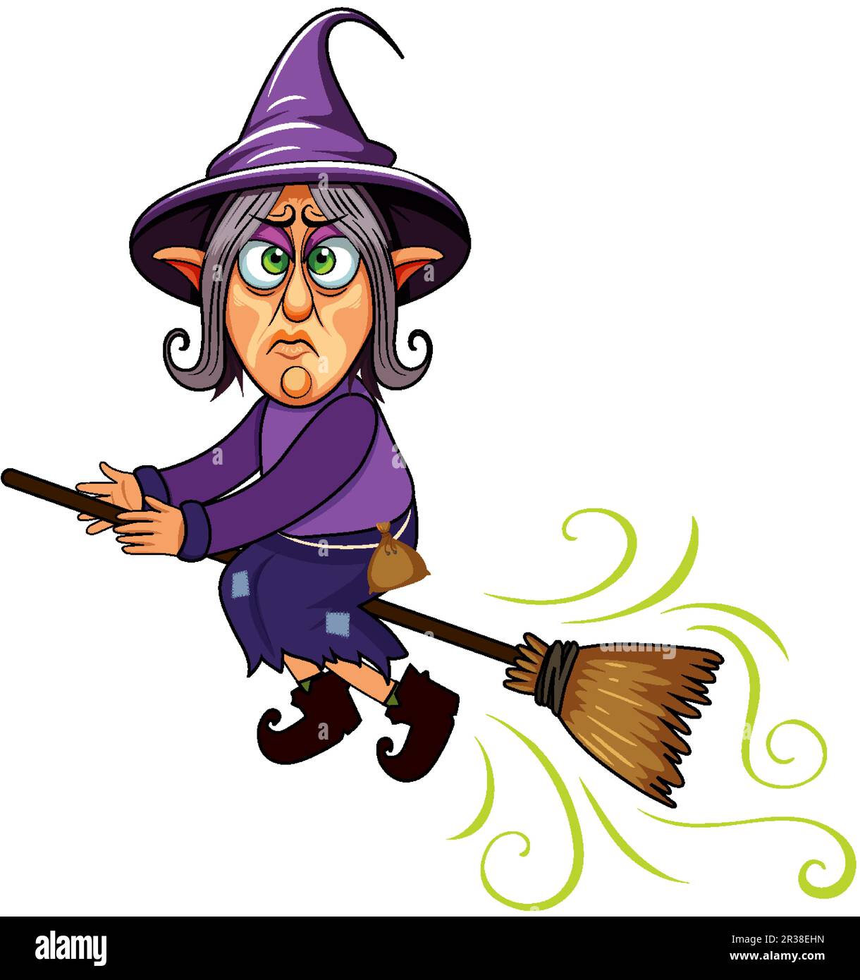 A grumpy witch cartoon character riding broom illustration Stock Vector ...