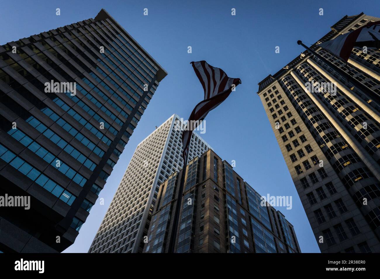 Bottom-up view of the American flag in Downtown San Francisco Stock ...