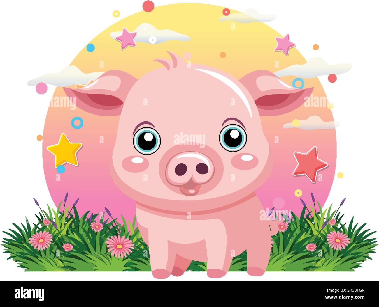 Cute pink pig at the flower field illustration Stock Vector Image & Art ...