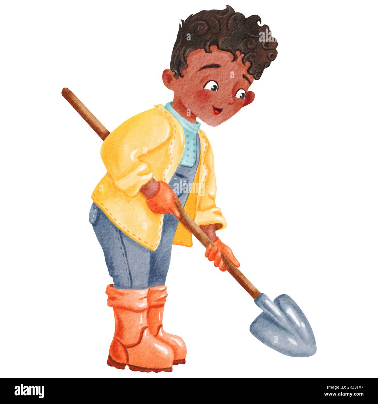 Cute brunette Boy Digging with Shovel, Little Kid Working on Farm ...